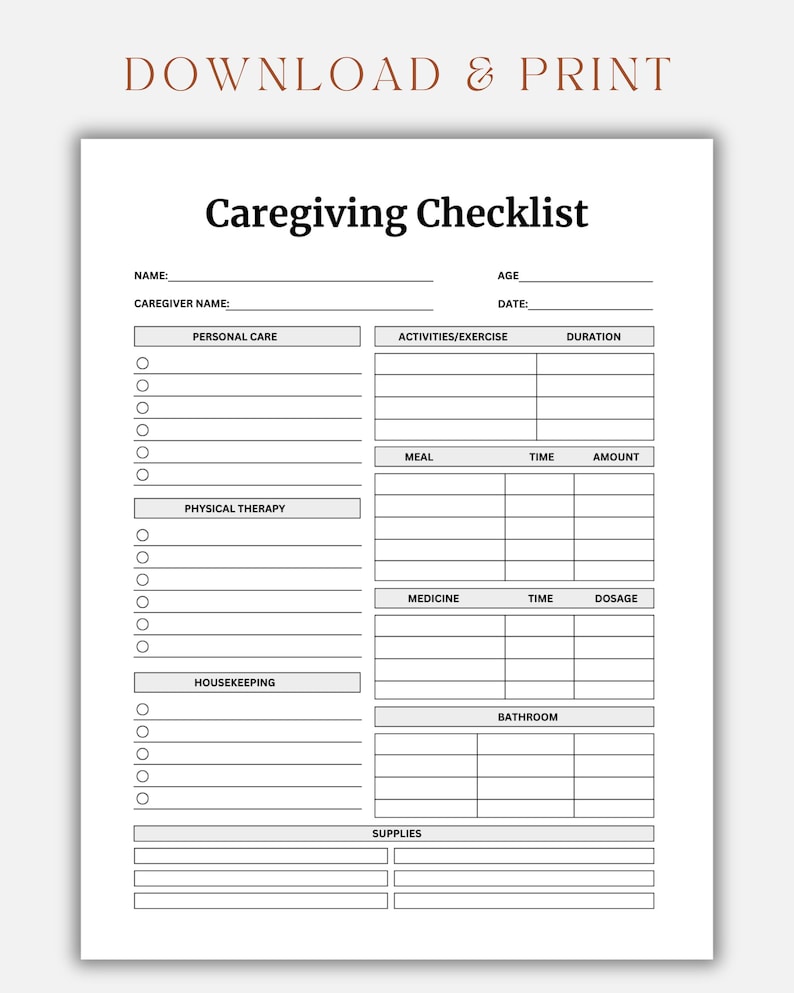 Printable Caregiver Checklist for Caregiver Daily Tasks, Daily ...