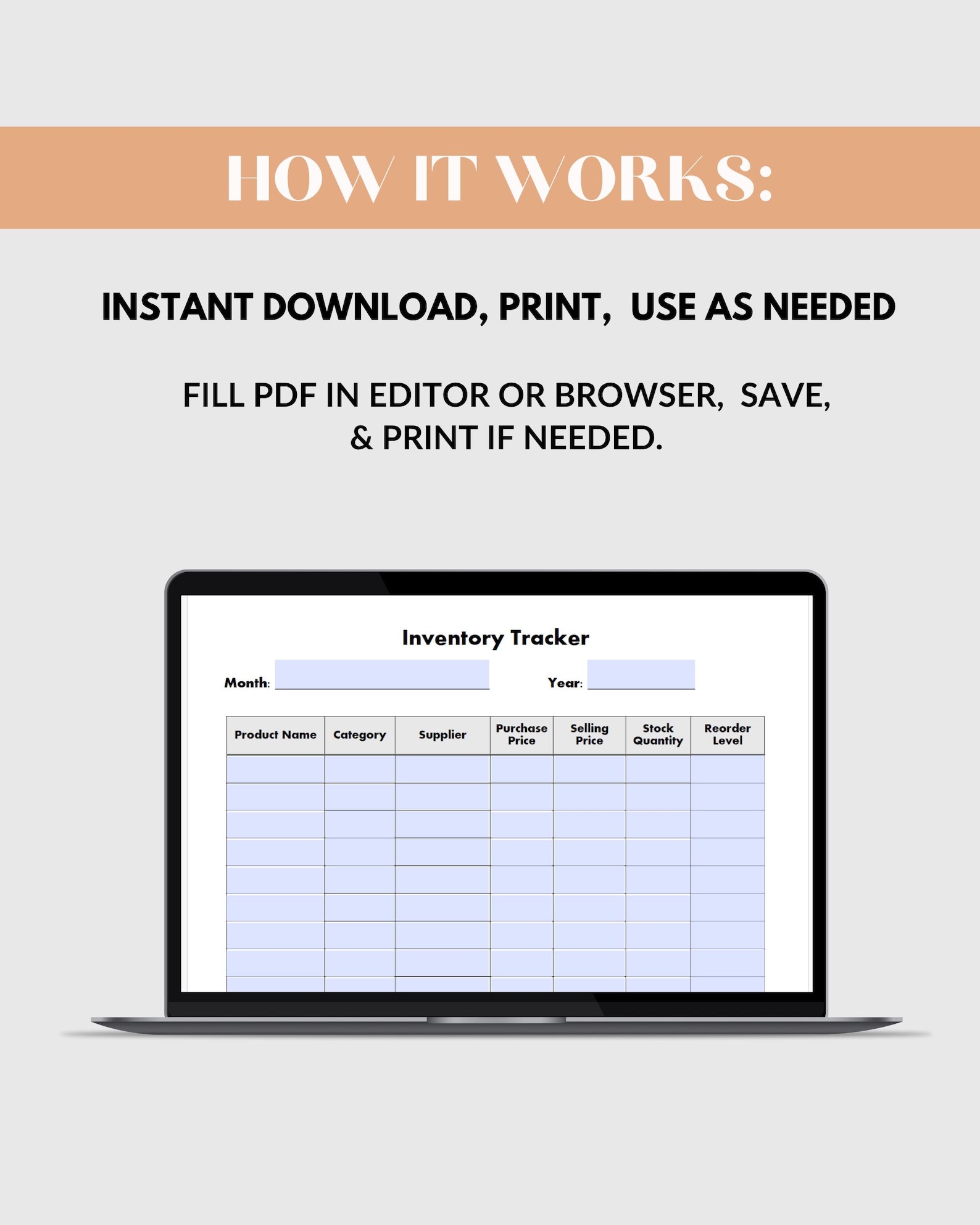 Simple Inventory Tracker Template: Printable & Fillable PDF (digital ...