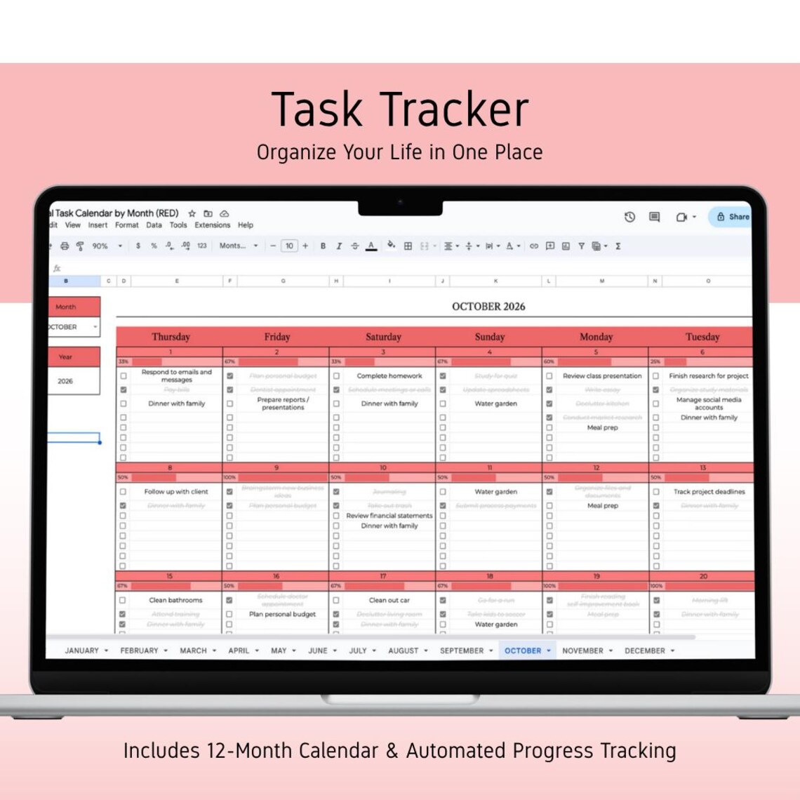 2026 Annual Task Tracker Red | Digital Google Sheets Planner for Daily ...
