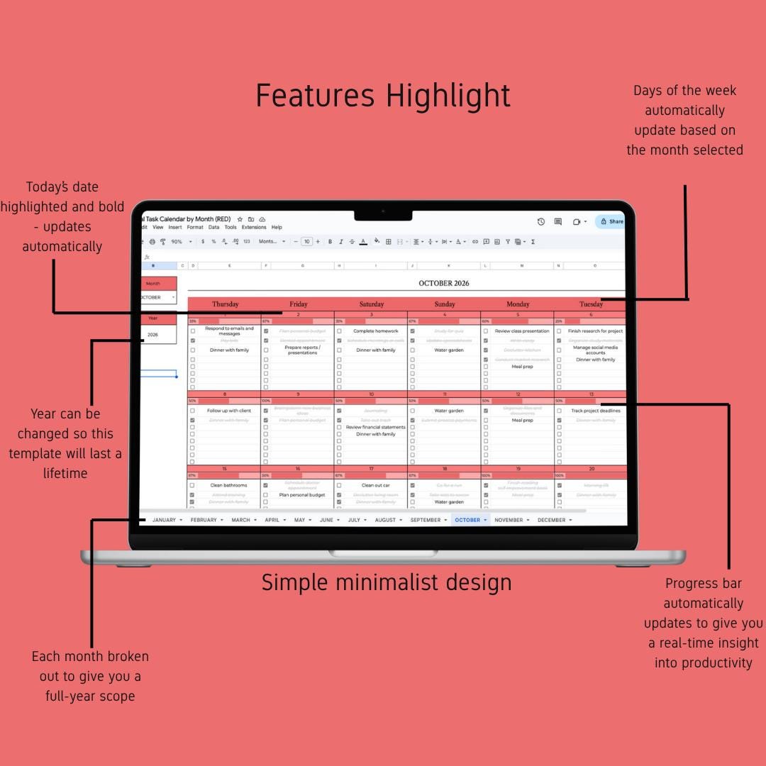 2026 Annual Task Tracker Red | Digital Google Sheets Planner for Daily ...