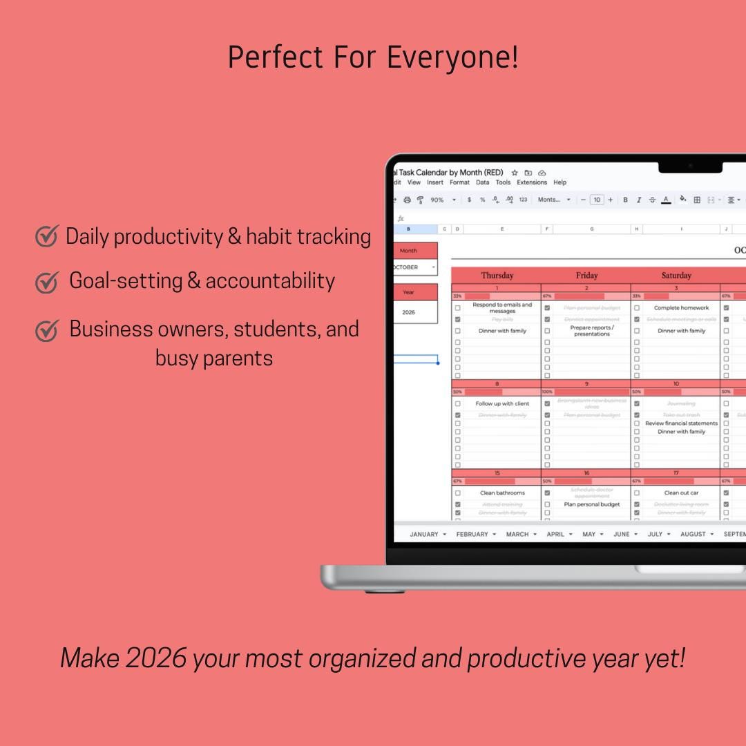 2026 Annual Task Tracker Red | Digital Google Sheets Planner for Daily ...