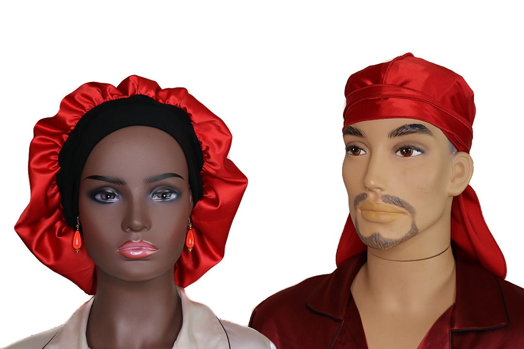 Couples Matching Set, Bonnet / Durag / Sleep Masks Set in Red Silk 4PC ...