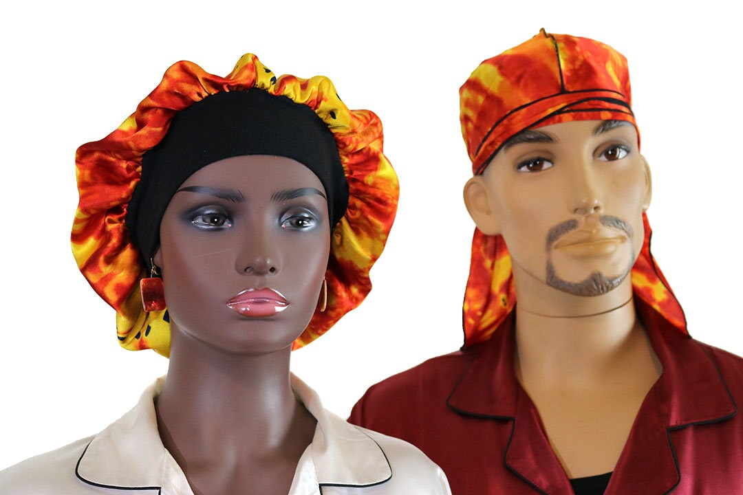 Couples Matching Set, Bonnet / Durag / Sleep Masks Set in Orange Print ...
