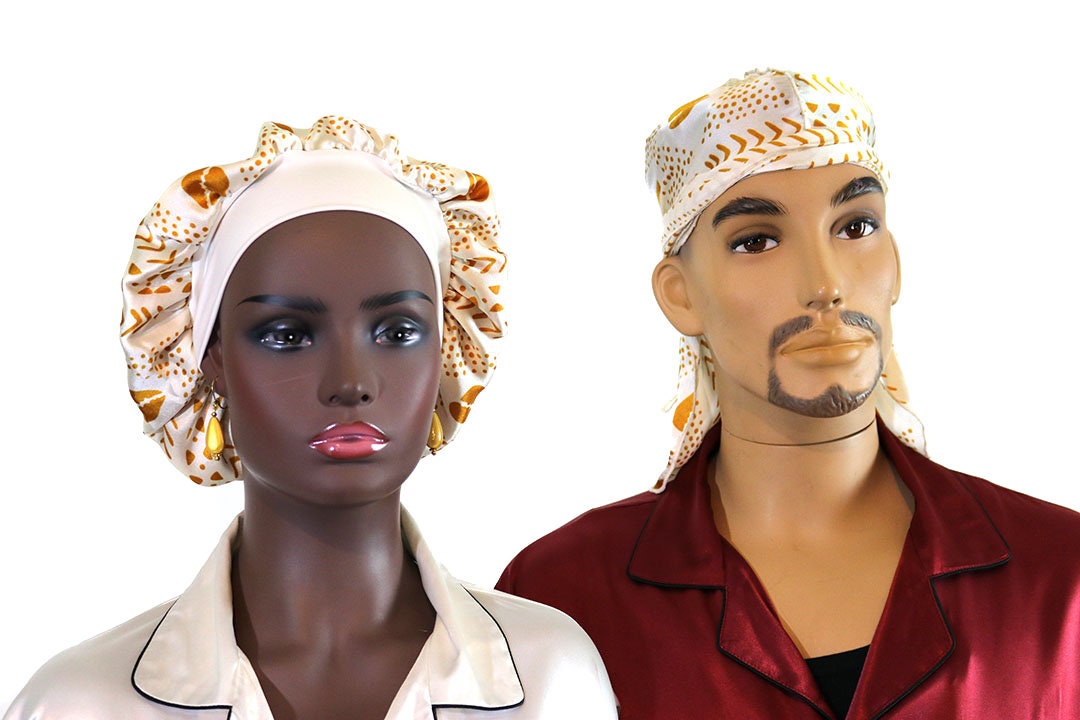 Couples Matching Set, Bonnet / Durag / Sleep Masks Set in Gold and ...