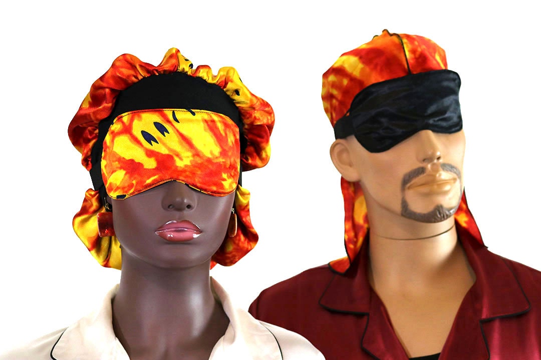 Couples Matching Set, Bonnet / Durag / Sleep Masks Set in Orange Print ...