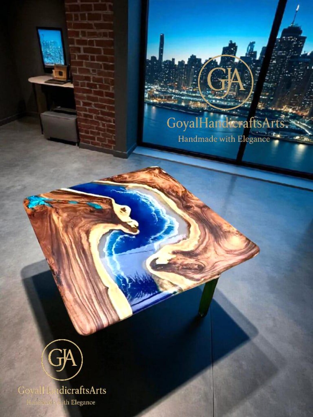 Square Epoxy Resin River Table | Handmade Wood Resin Side Table | Blue ...
