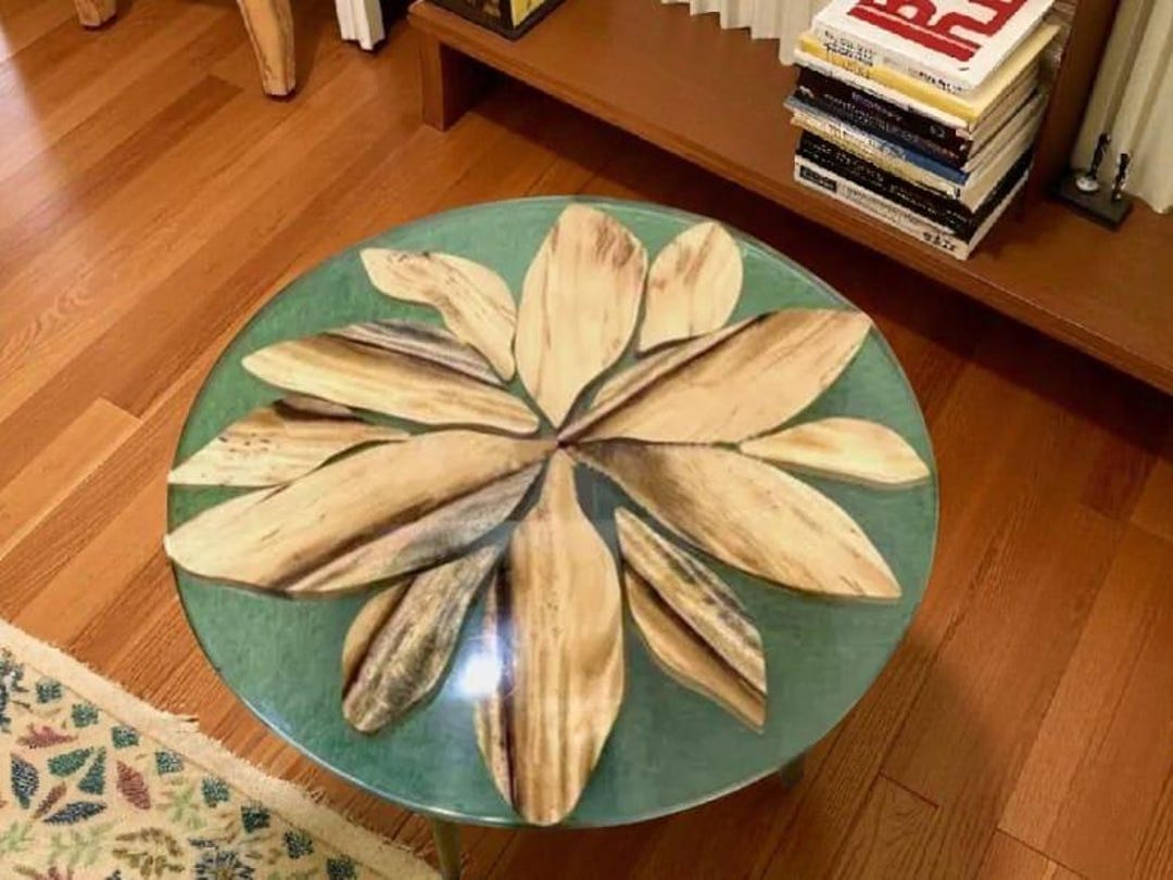 Handmade Floral Wood Petal Coffee Table, Green Resin Accent Table - Etsy