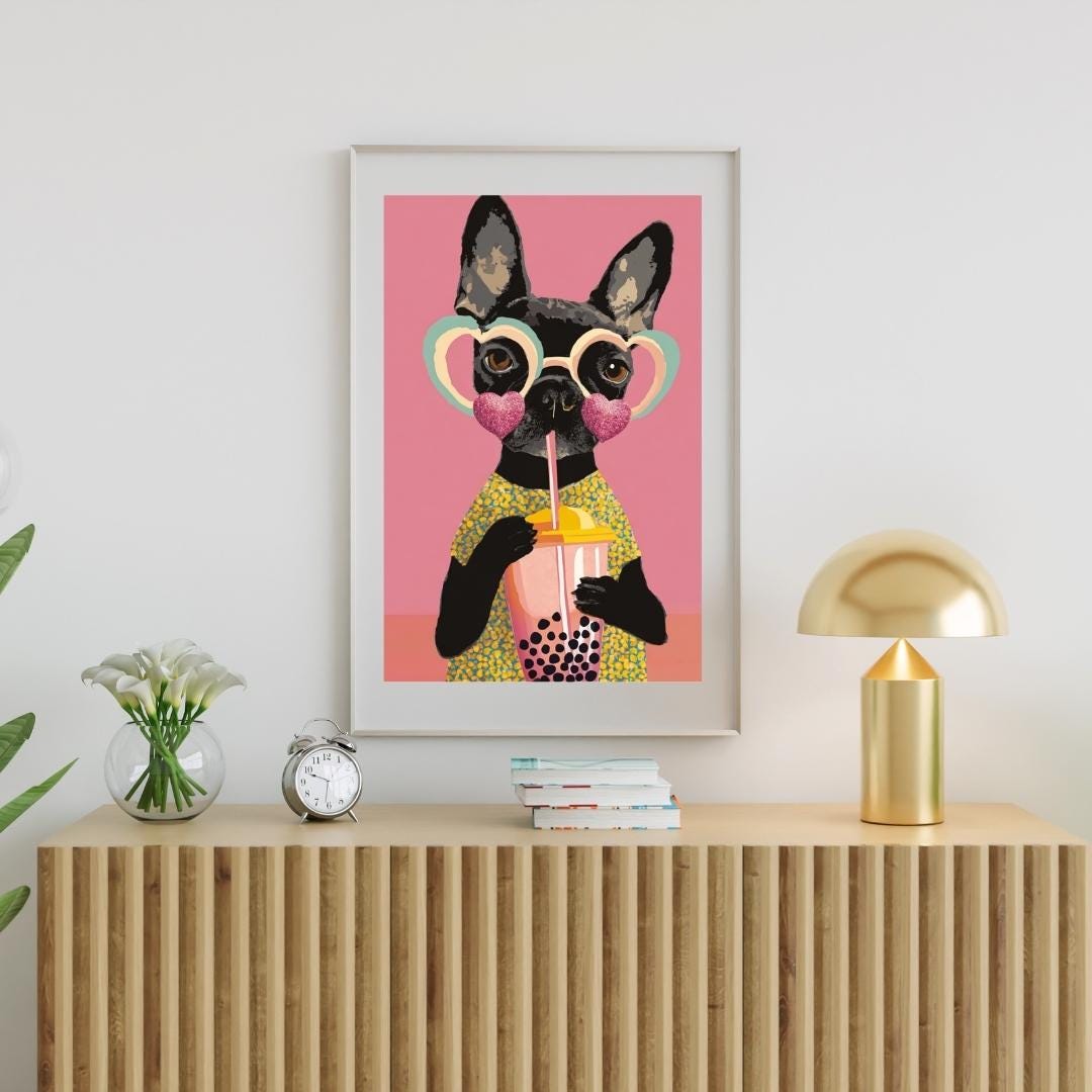 Funny Boston Terrier Boba Poster – Digital Dog Wall Art for Gen Z ...