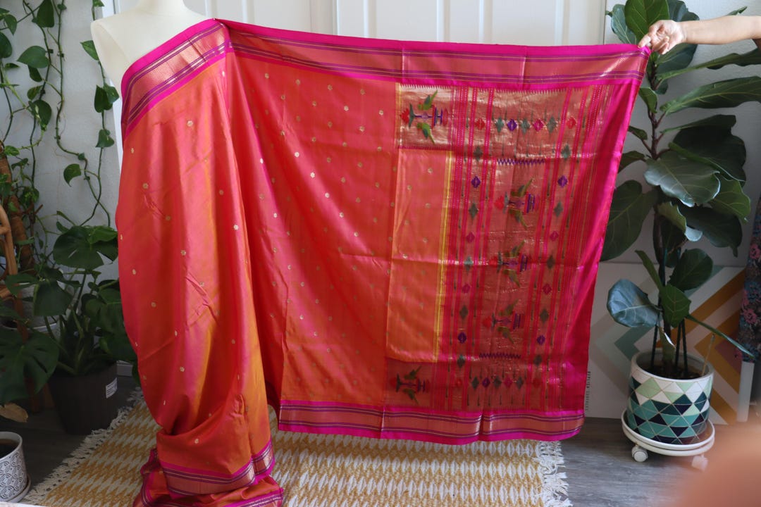 Parrot Motif Vintage Paithani Sari in Pink Orange Pure Silk Saree Sari ...