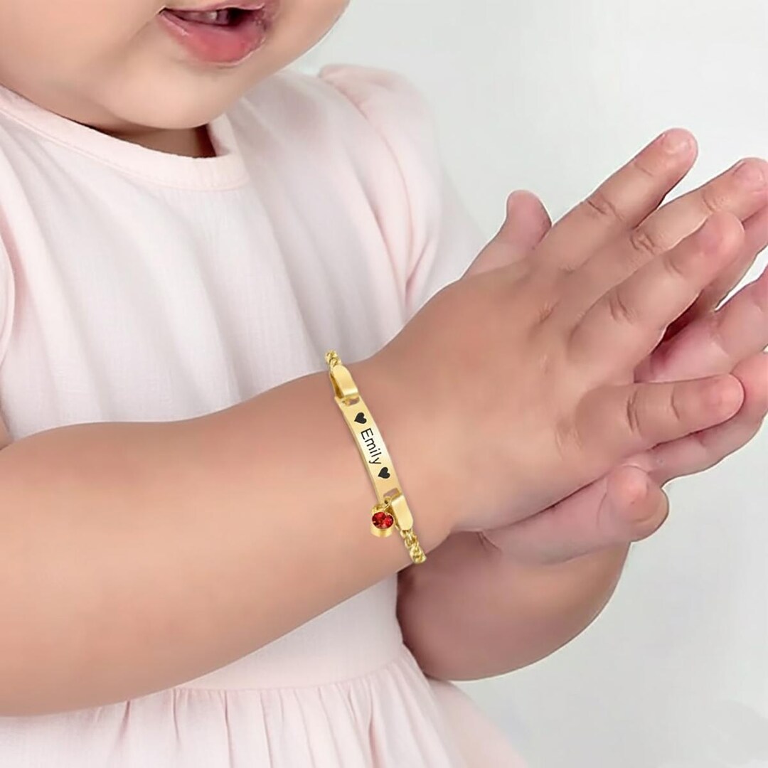 Personalized Baby Birthstone Bracelet, Figaro Chain: Gold Plated ...