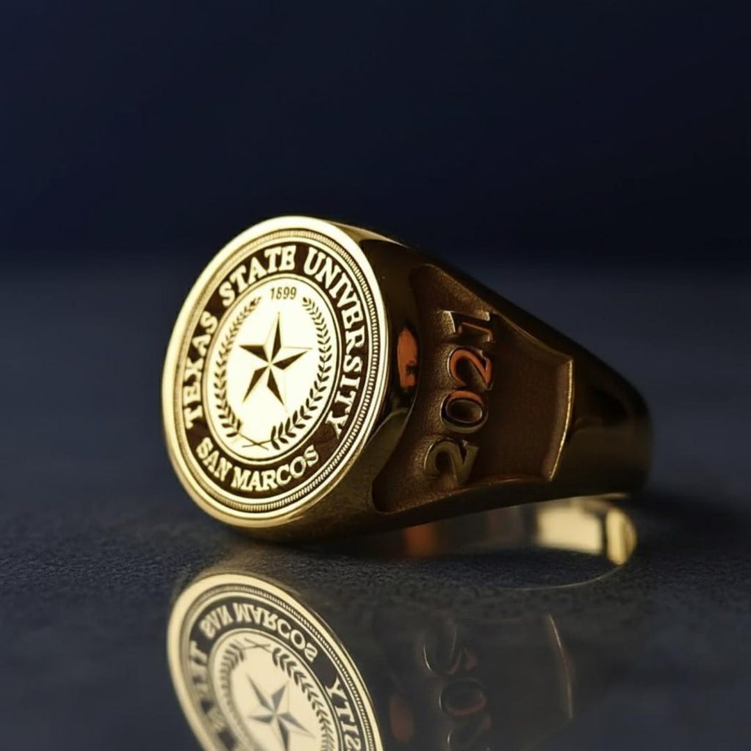 Texas State University Class Ring for Men, Custom Gold Logo Graduation ...
