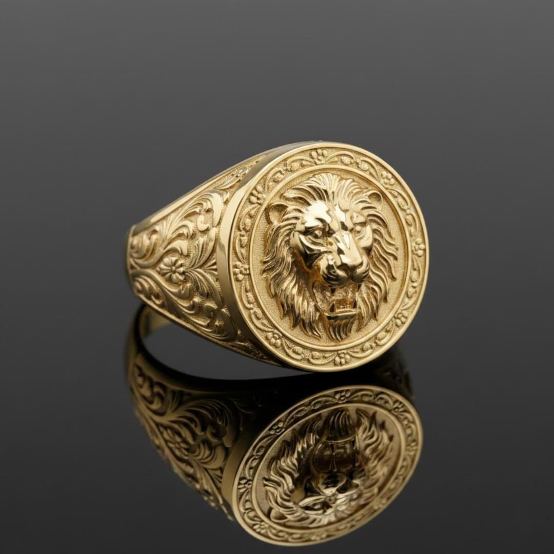 Lion Head Signet Ring for Men Gold Tone, 925 Sterling Silver Vintage ...