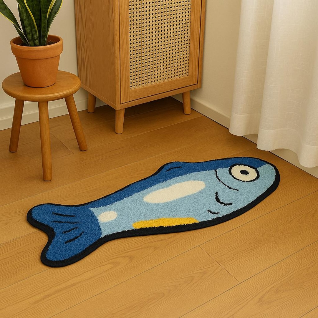 Blue Fish Shaped Rug: Tufted Playful Floor Mat, 120x40cm - Etsy