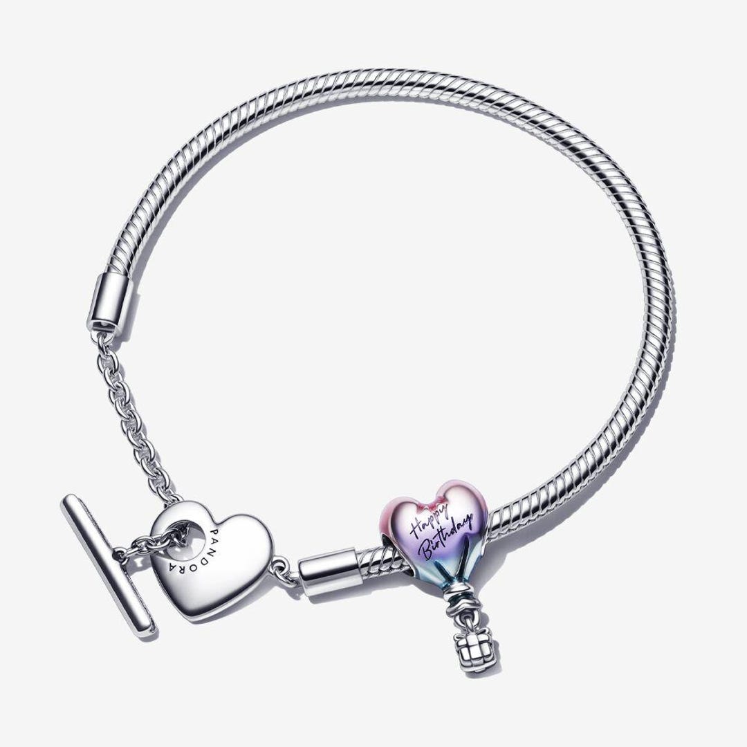 Pandora S925 Silver Ale Happy Birthday Balloon T-bar Heart Bracelet Set ...