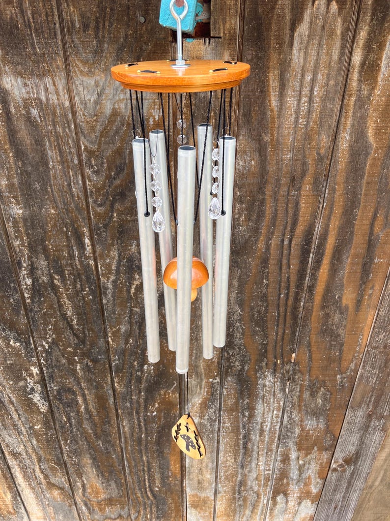Mushroom Wind Chime With Crystals – Handcrafted Stained Wood Chime – 35 ...