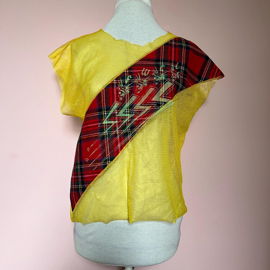 Yellow Mesh Vest Top With Tartan Sash Stripe | Medium 38" One Size ...