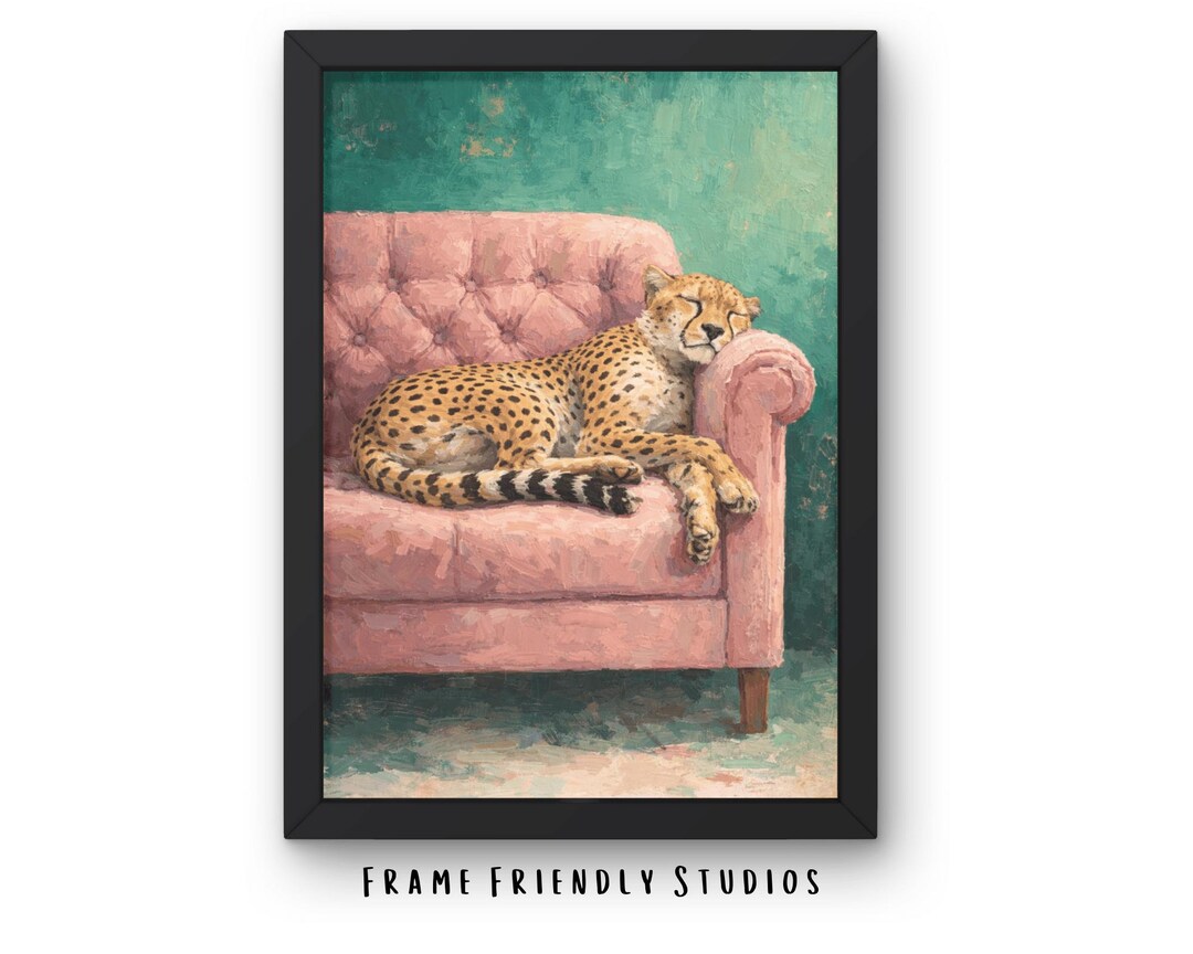 Cheetah Oil Painting Printable Wall Art, Green Striped Chair, Vintage ...