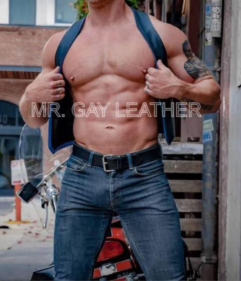 Men's Leather Bar Vest With Blue Piping: Original Leather - Etsy