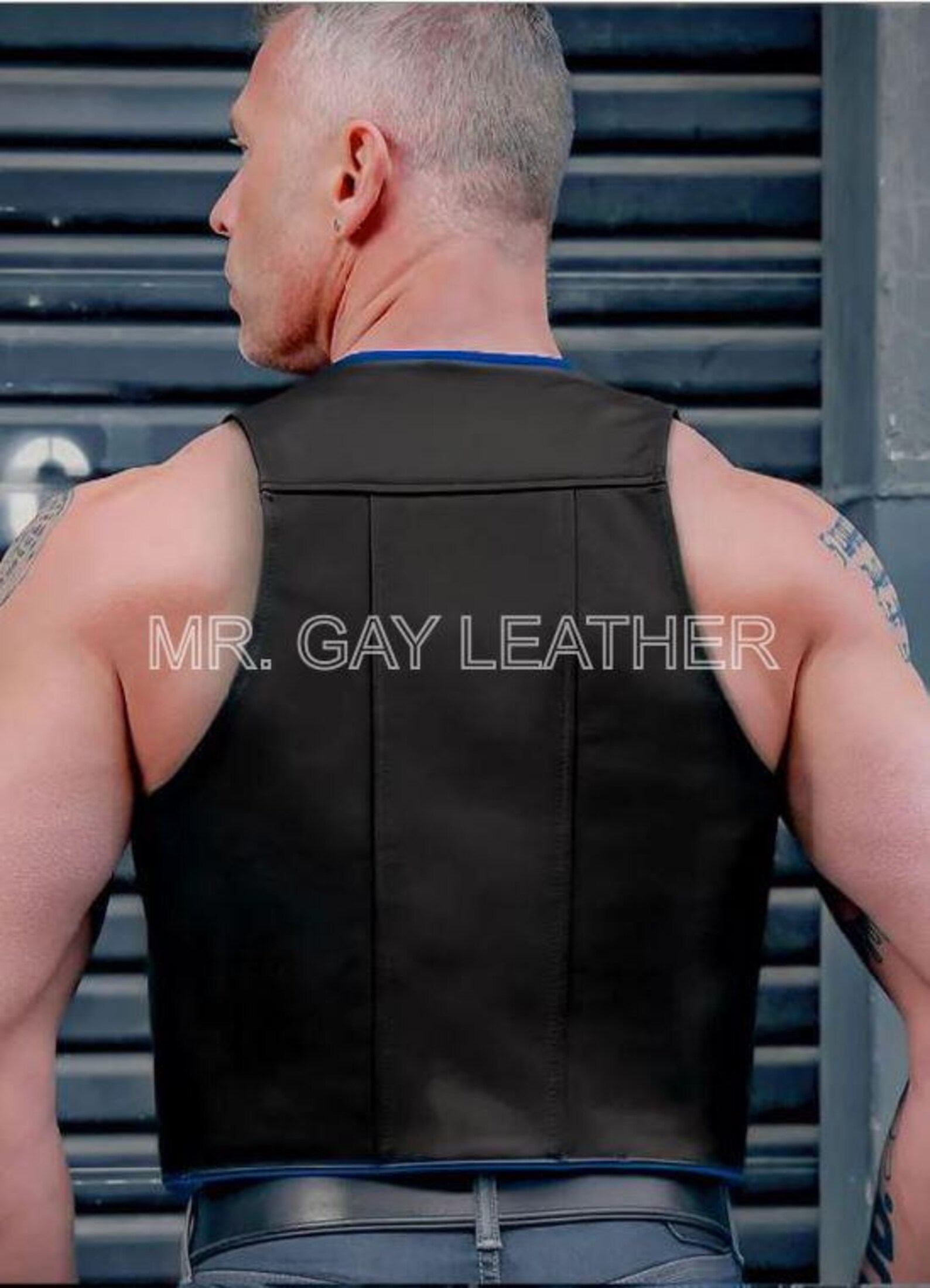 Men's Leather Bar Vest With Blue Piping: Original Leather - Etsy