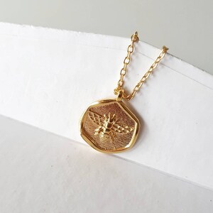 Gold Bee Coin Necklace, Honeybee Medallion With Queen Bee Pendant, Gold ...