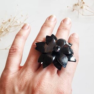 Black Flower Ring, Statement Leather Jewelry, Bold Floral Accessory ...