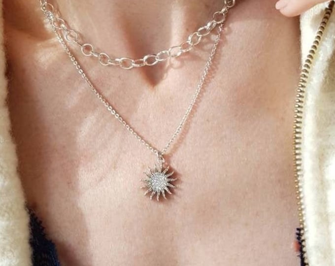 Silver Sun Necklace, Burning Solar Charm, Sunshine Medallion, Symbolic ...