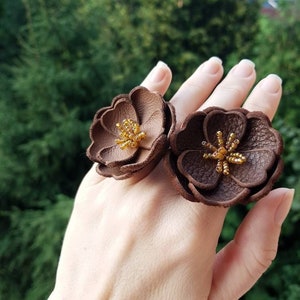 Brown Flower Ring, Statement Leather Jewelry, Bold Floral Accessory ...