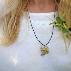 Gold Maple Leaf Necklace, Filigree Leaf on Leather Cord, Big Leaf ...