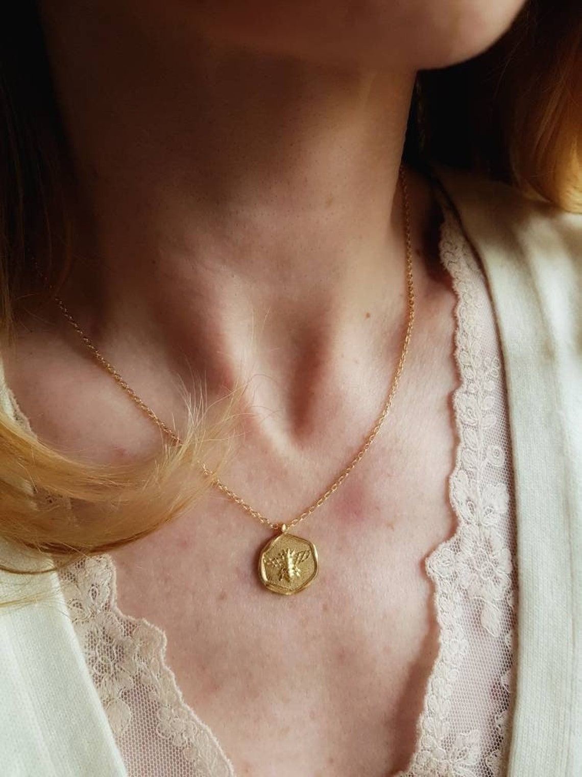 Gold Bee Coin Necklace, Honeybee Medallion With Queen Bee Pendant, Gold ...