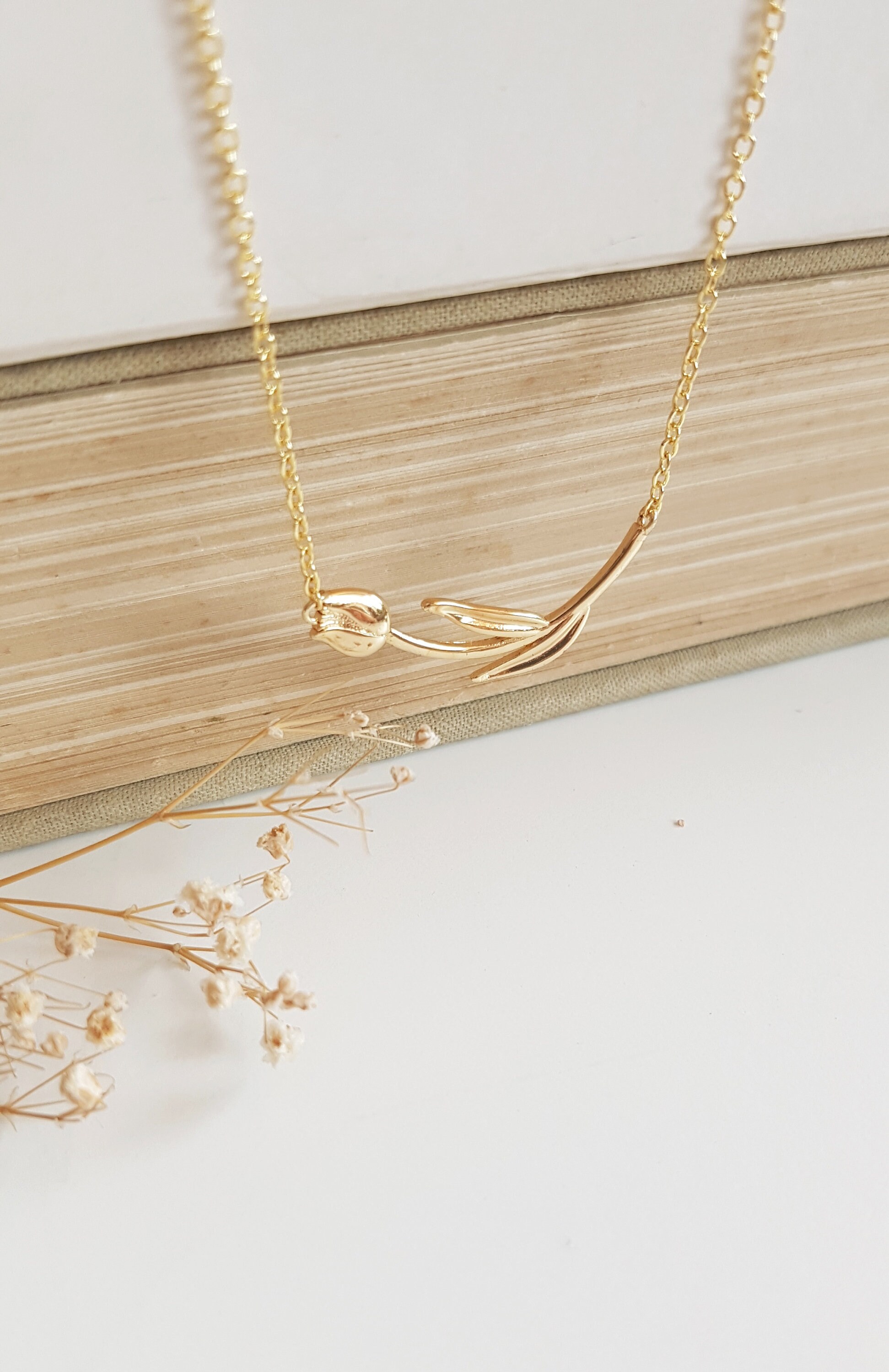 Gold Tulip Necklace, Sideways Floral Jewelry, Delicate Chain Necklace ...