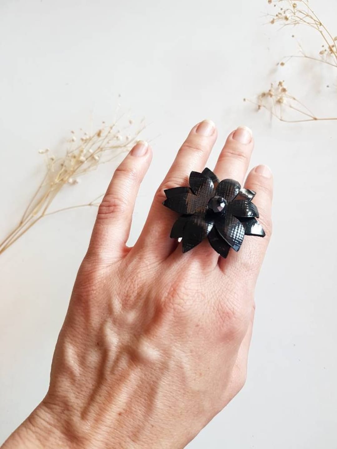 Black Flower Ring, Statement Leather Jewelry, Bold Floral Accessory ...