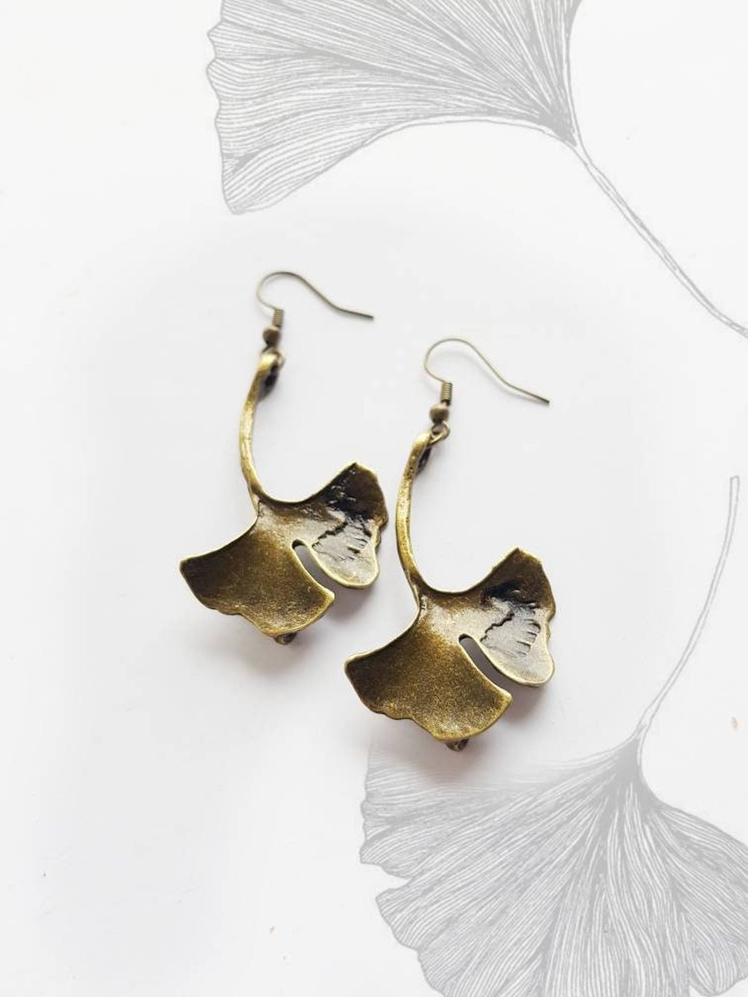 Ginkgo Leaf Earrings, Bronze Ginkgo Drop Earrings, Botanical Leaf ...