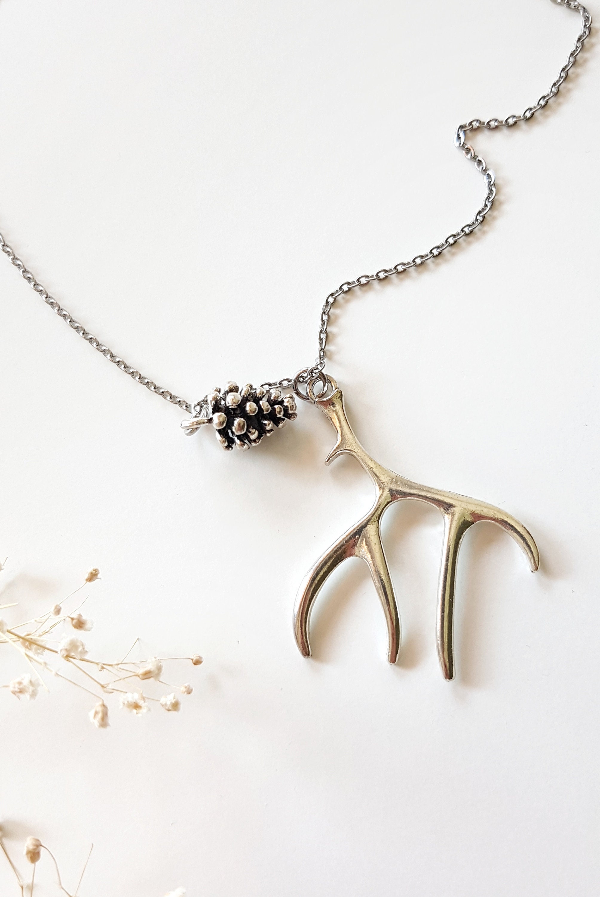 Silver Antler Necklace, Bold Reindeer Pendant, Horn Stag for Wildlife ...