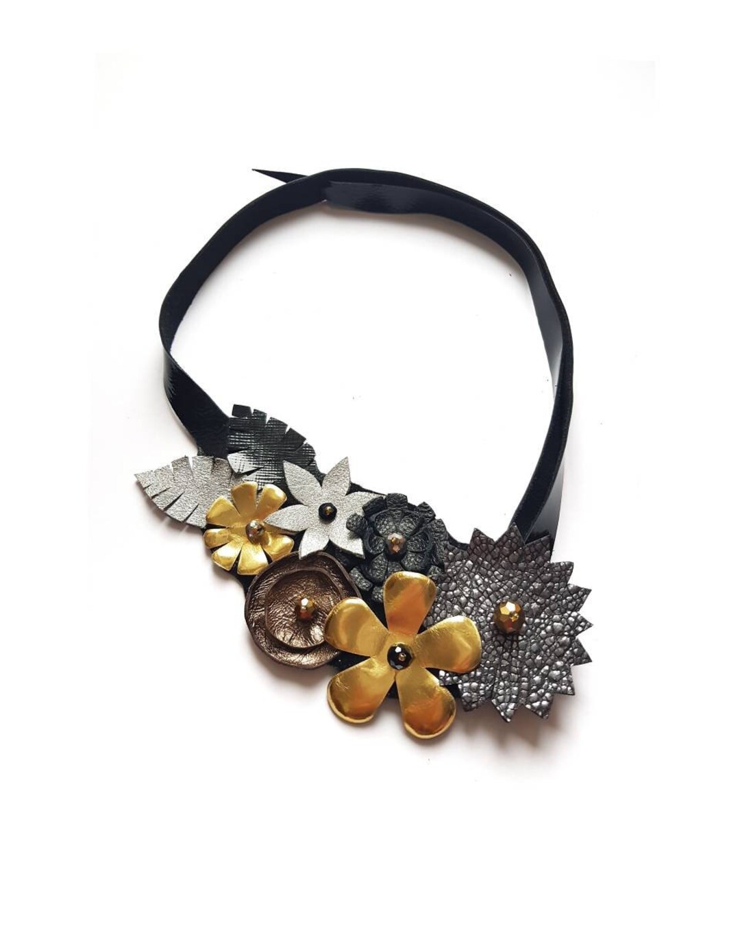 Metallic Leather Flower Bib Necklace, Upcycled Floral Collar - Etsy
