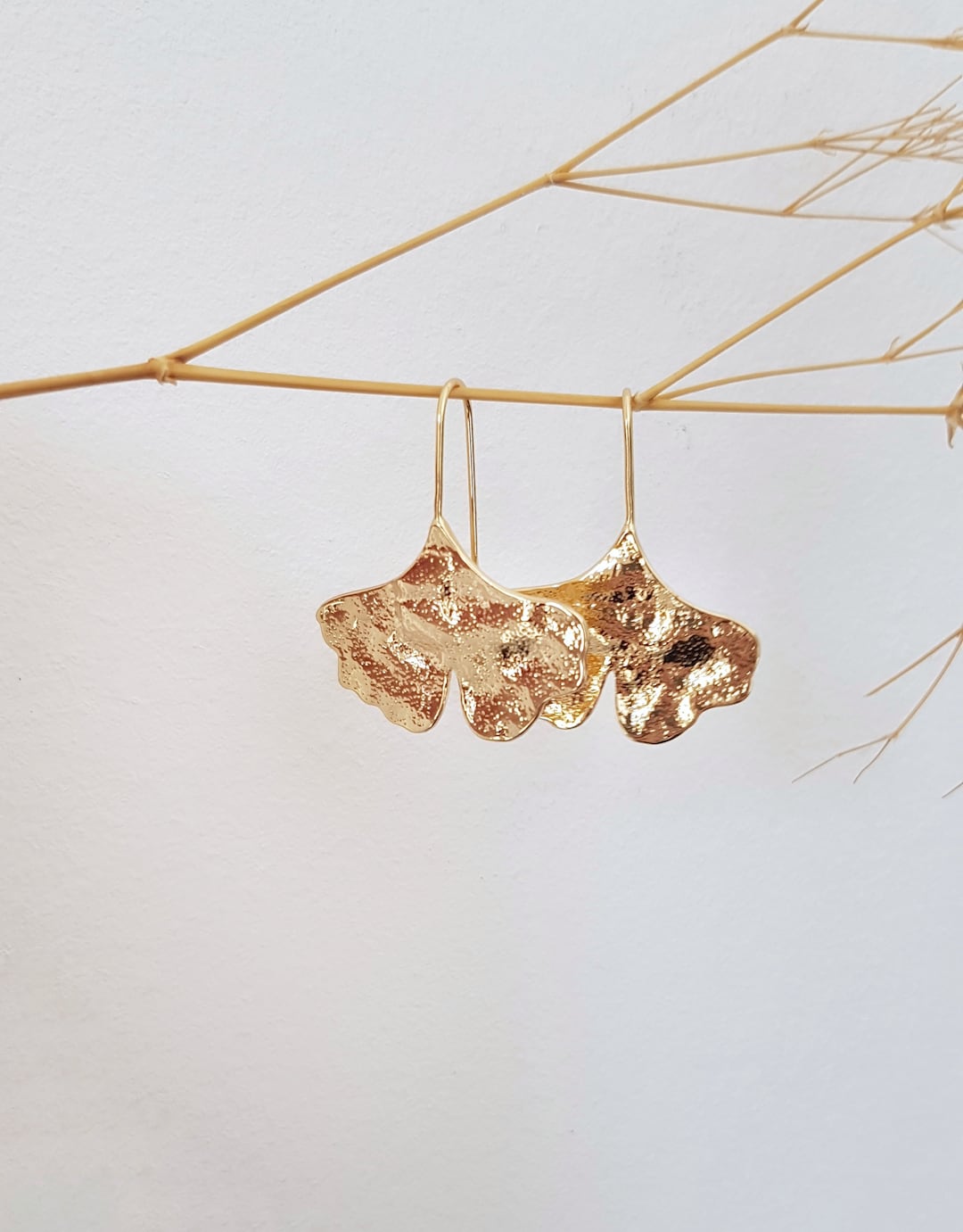 Ginkgo Leaf Earrings, Gold Ginkgo Hoop Earrings, Hammered Brass Leaf ...