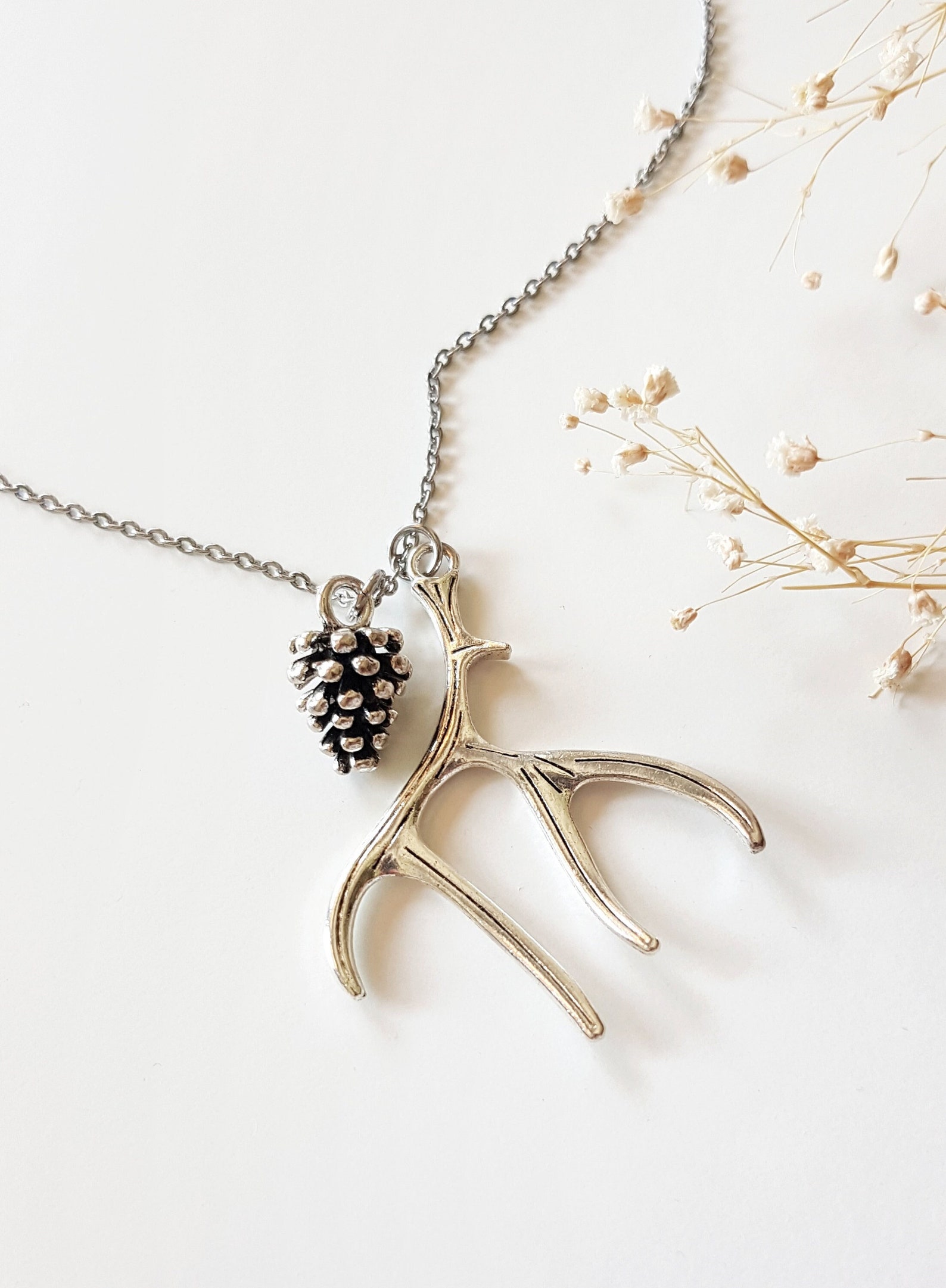 Silver Antler Necklace, Bold Reindeer Pendant, Horn Stag for Wildlife ...