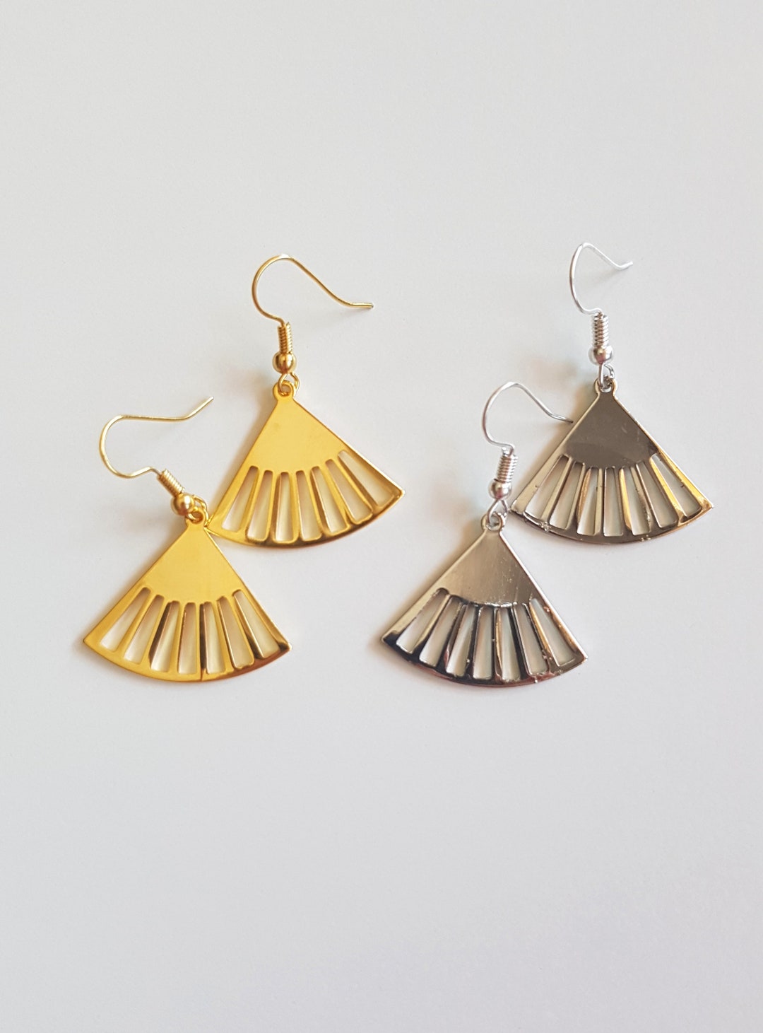 Geometric Fan Earrings, Modern Silver or Gold Dangles, Art-deco Ear ...