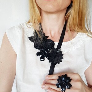 Black Flower Ring, Statement Leather Jewelry, Bold Floral Accessory ...