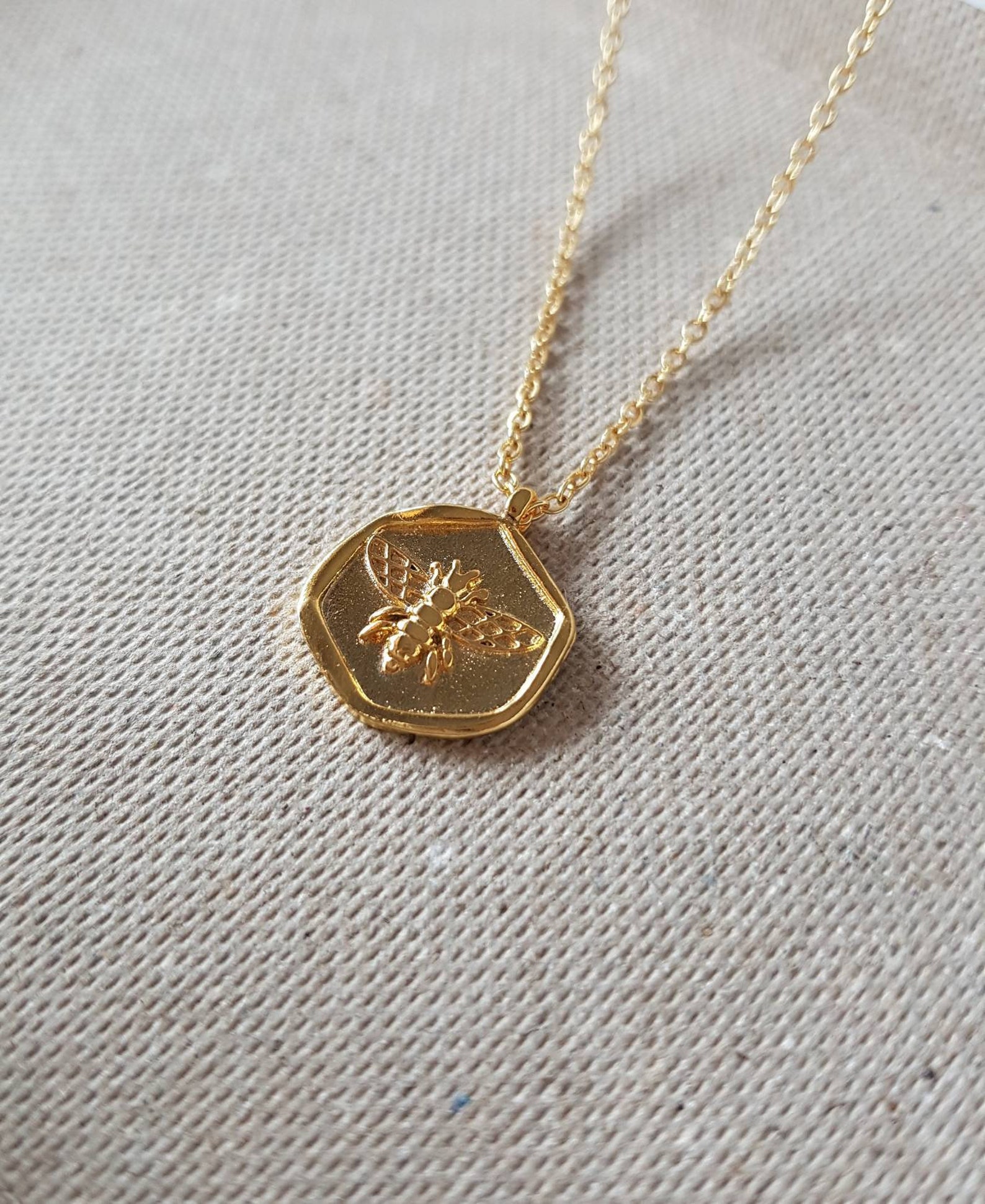 Gold Bee Coin Necklace, Honeybee Medallion With Queen Bee Pendant, Gold ...