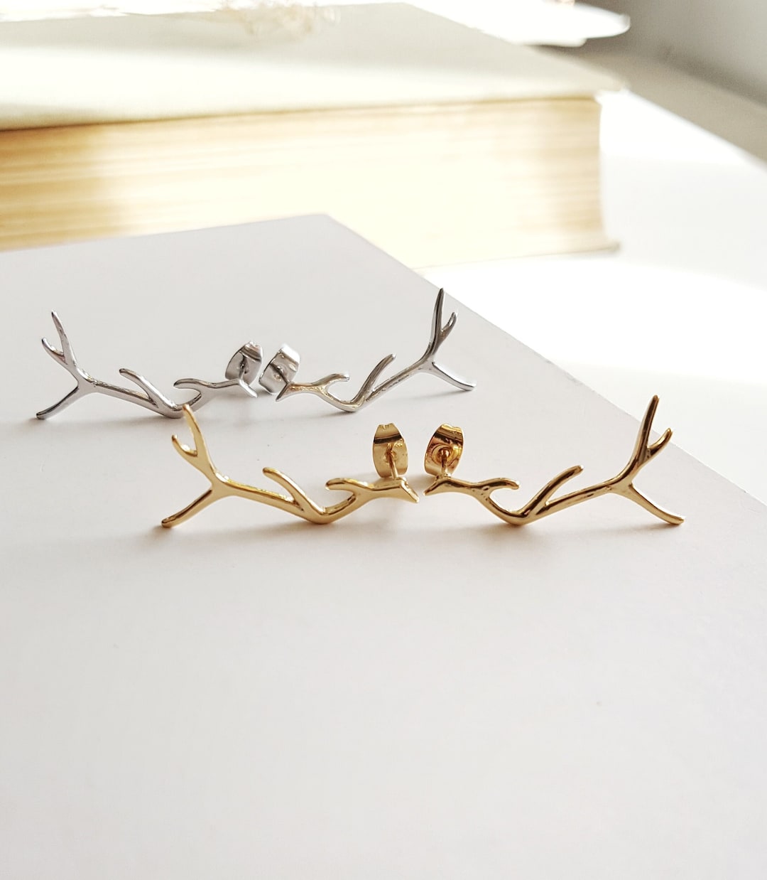 Deer Antler Stud Earrings, Silver or Gold Reindeer Studs, Deer Stag for ...