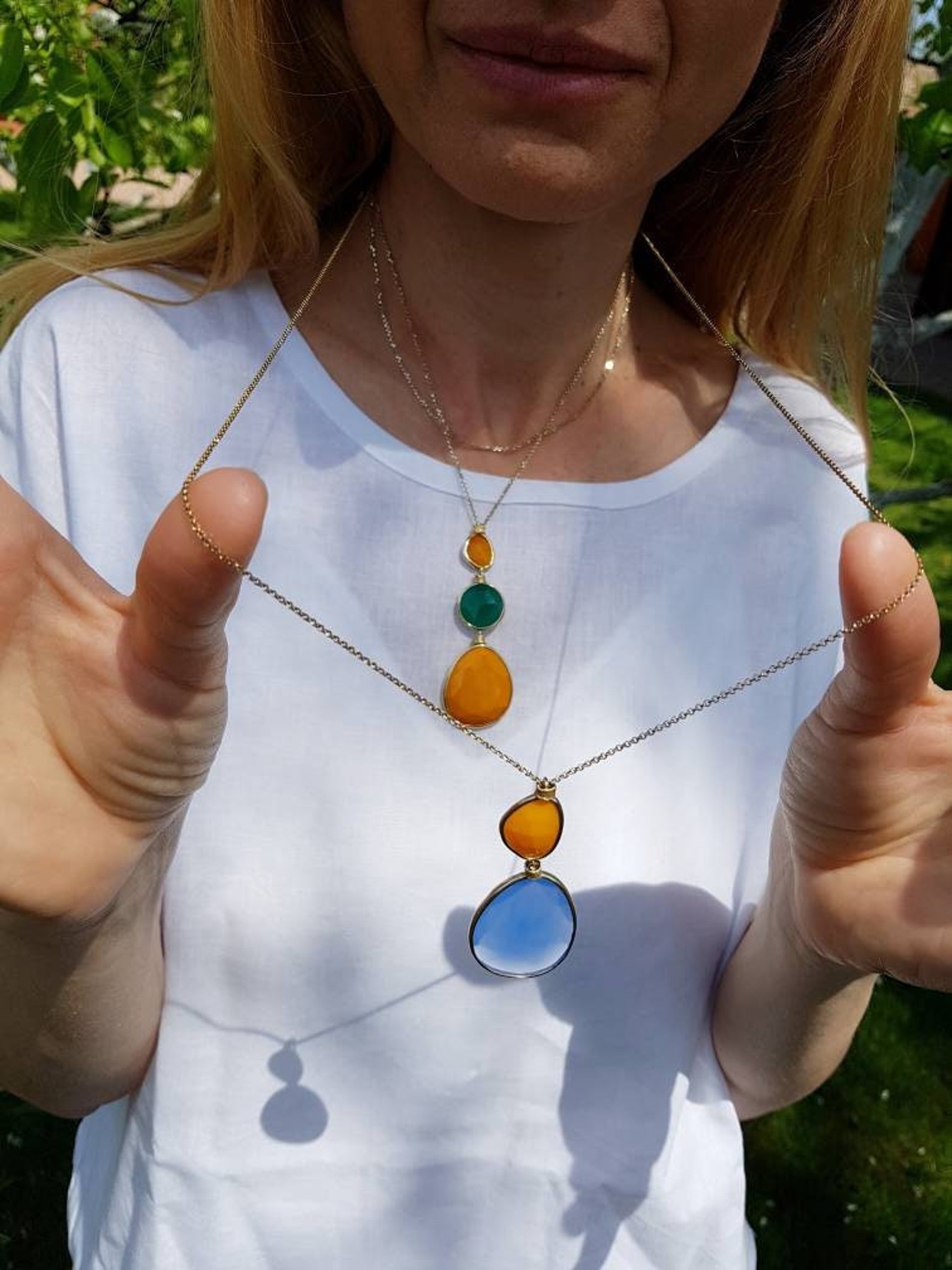Super Long Chain Necklace and Bold Colorful Glass Pendant, Sterling ...