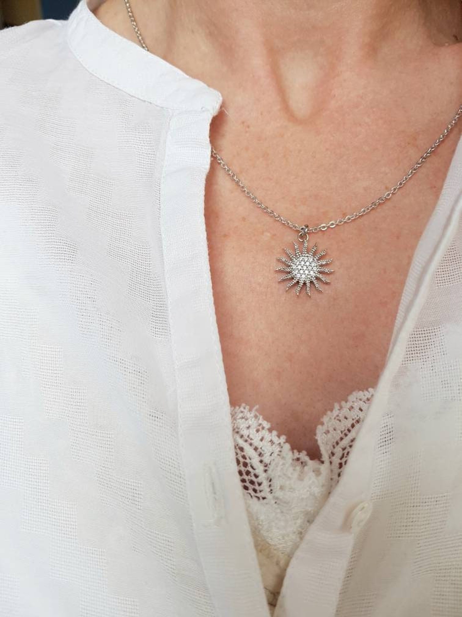 Silver Sun Necklace Burning Solar Charm Sunshine Medallion - Etsy