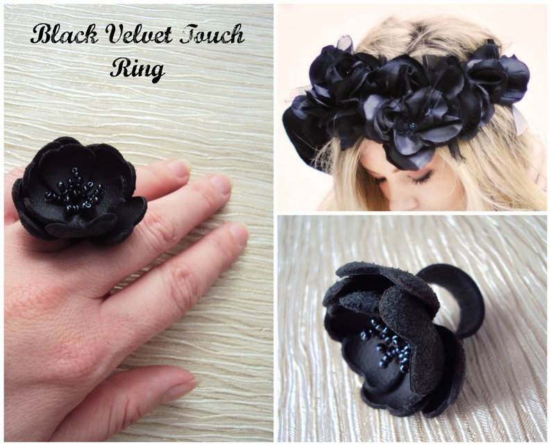 Black Flower Ring Statement Leather Jewelry Bold Floral | Etsy