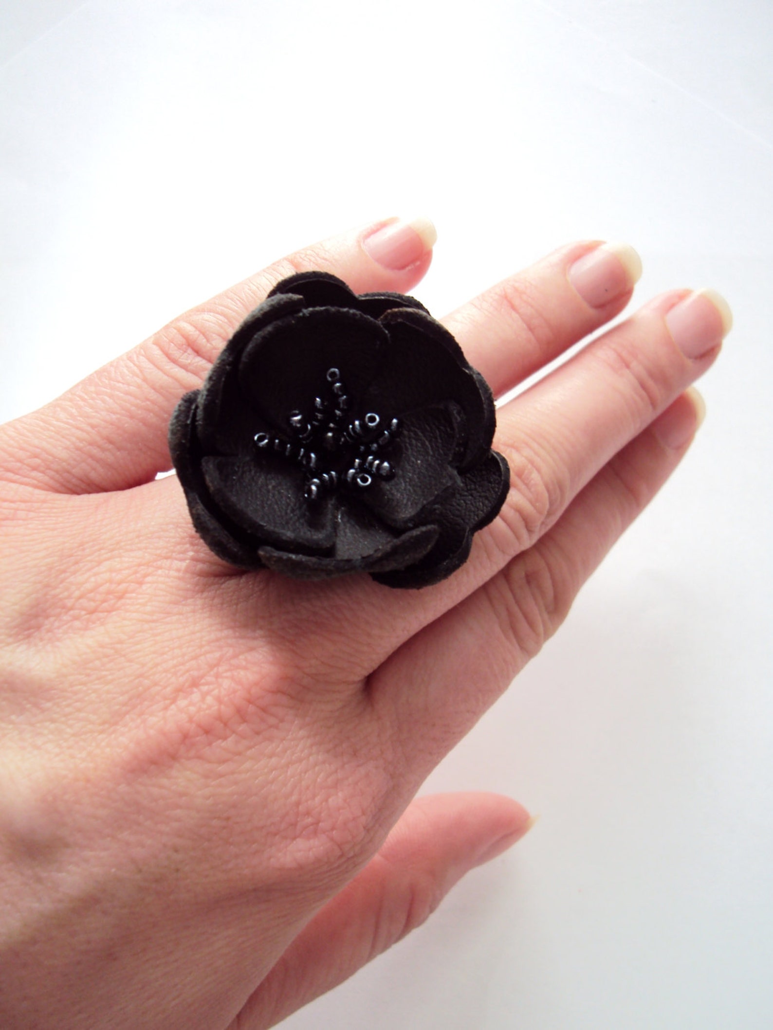 Black Flower Ring Statement Leather Jewelry Bold Floral - Etsy