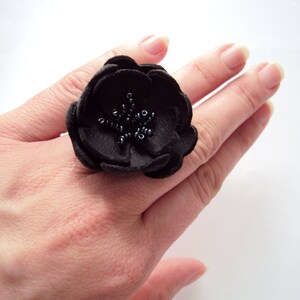 Black Flower Ring, Statement Leather Jewelry, Bold Floral Accessory ...