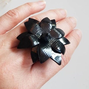 Black Flower Ring, Statement Leather Jewelry, Bold Floral Accessory ...