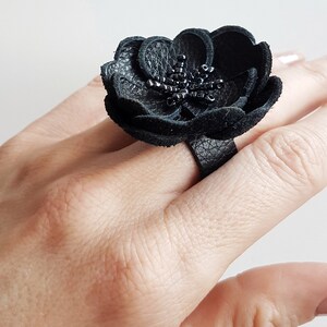 Black Flower Ring, Statement Leather Jewelry, Bold Floral Accessory ...