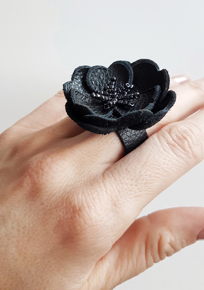 Black Flower Ring Statement Leather Jewelry Bold Floral - Etsy
