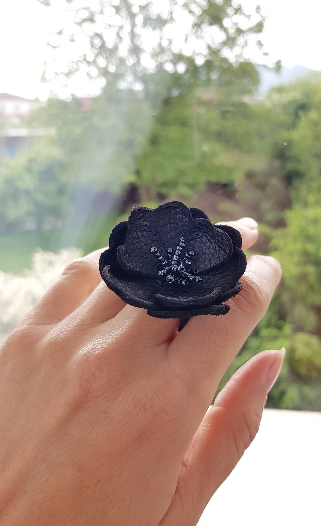 Black Flower Ring, Statement Leather Jewelry, Bold Floral Accessory ...