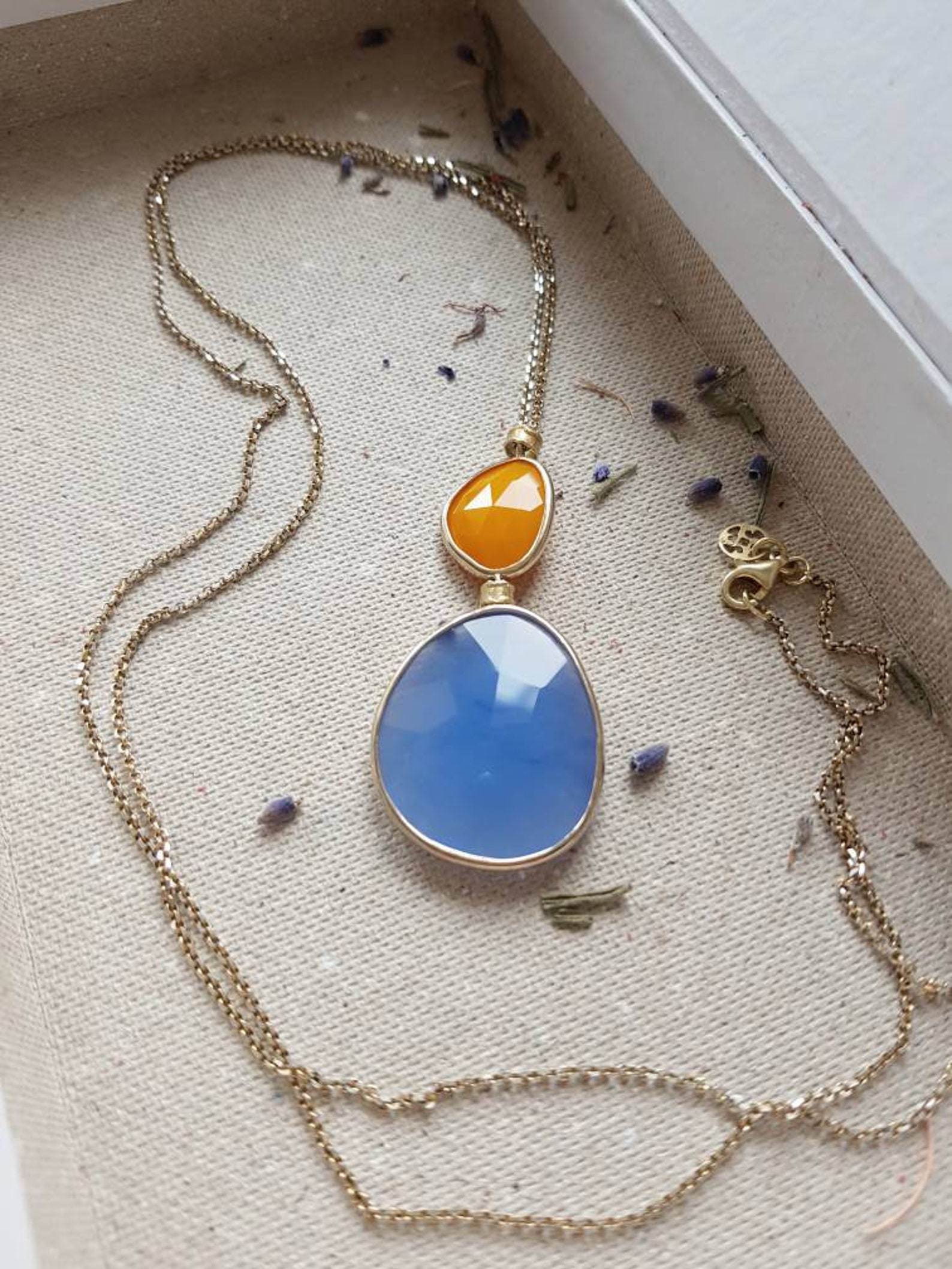 Super Long Chain Necklace and Bold Colorful Glass Pendant, Sterling ...